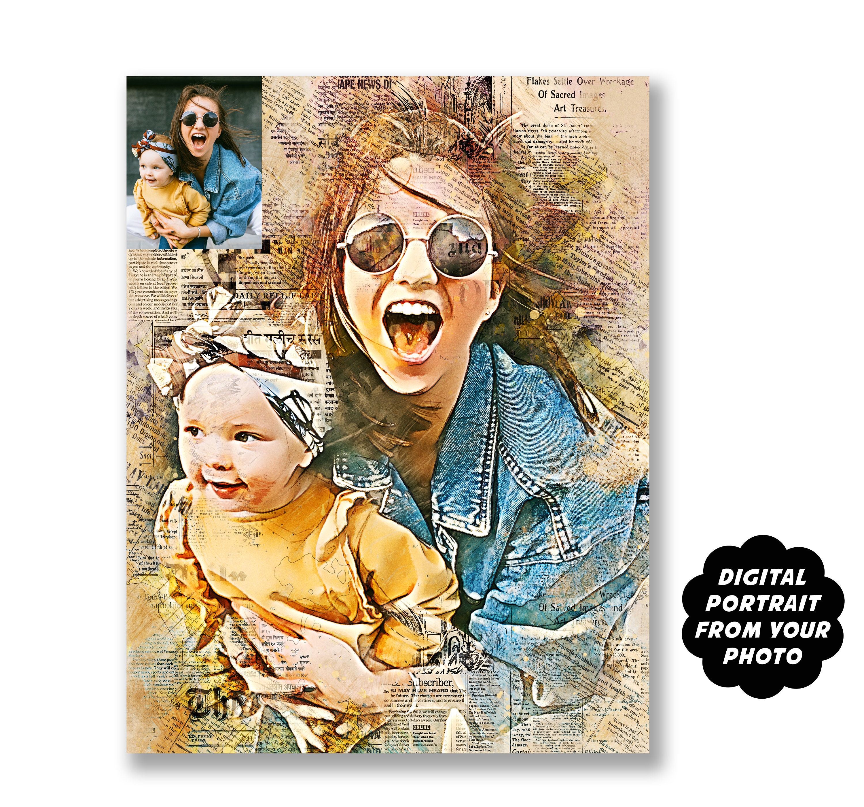 Mothers Day Gift Digital Portrait From Photo Mixed Media | Etsy