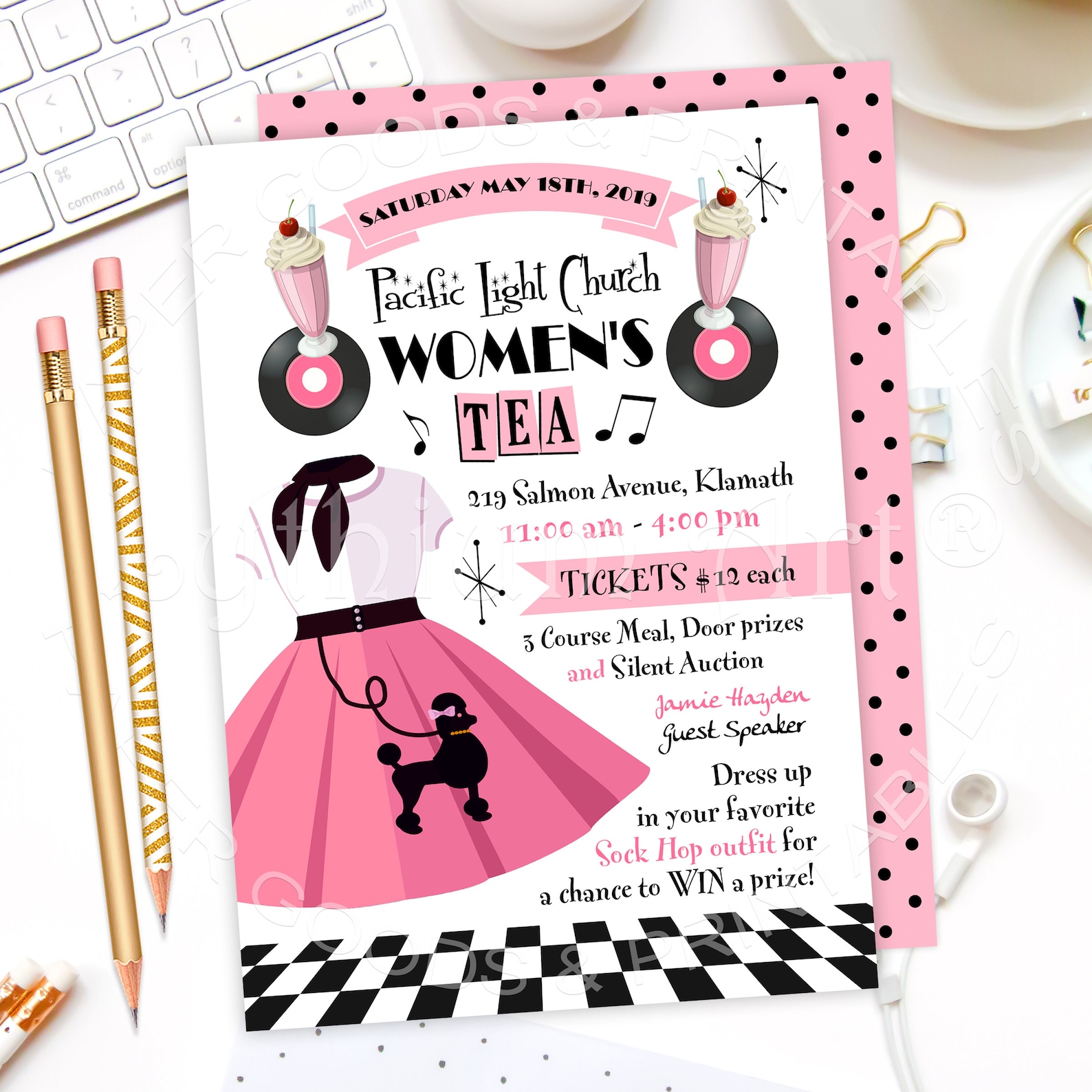 50's Sock Hop Invitation, Printable File + Back Design + Thank You Card ...