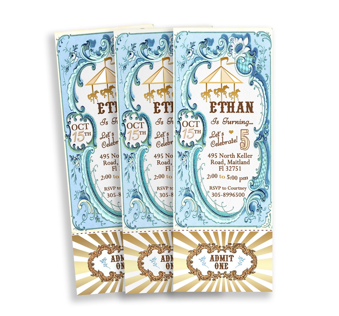 Carousel Ticket Invitation, Printable Invite, Boys Carousel Birthday ...