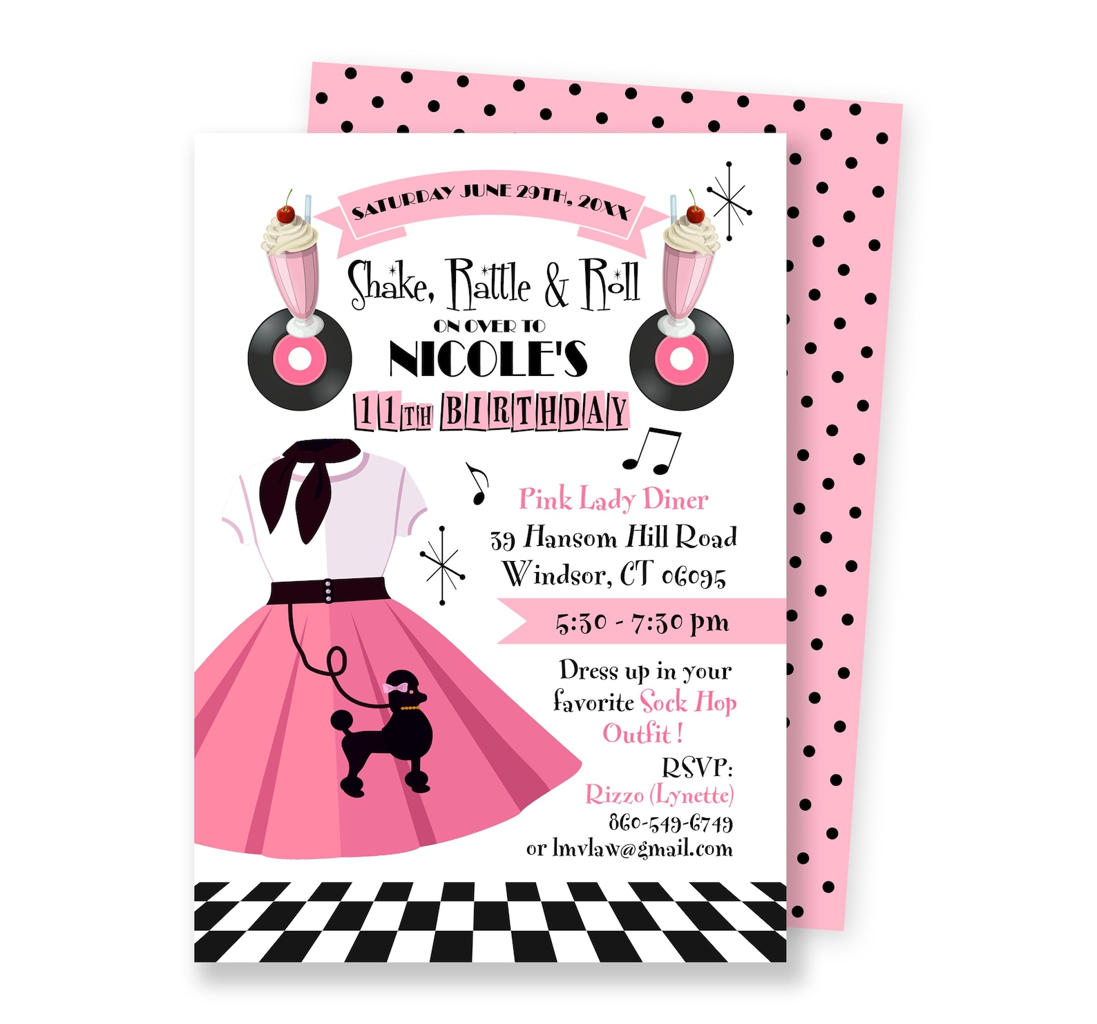 50's Sock Hop Invitation, Printable File + Back Design + Thank You Card ...