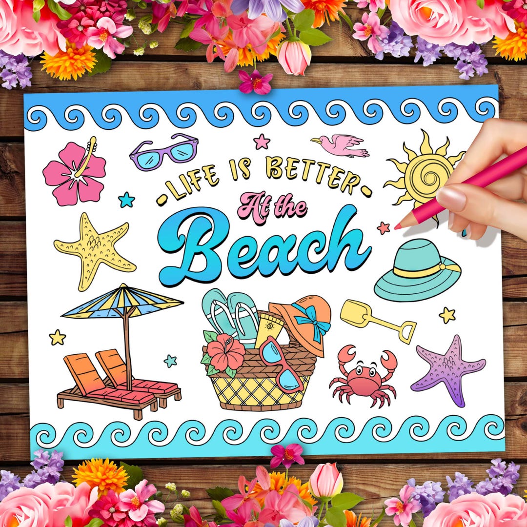 Summer Coloring Page for Kids, Printable Beach Activity Sheet, Instant ...