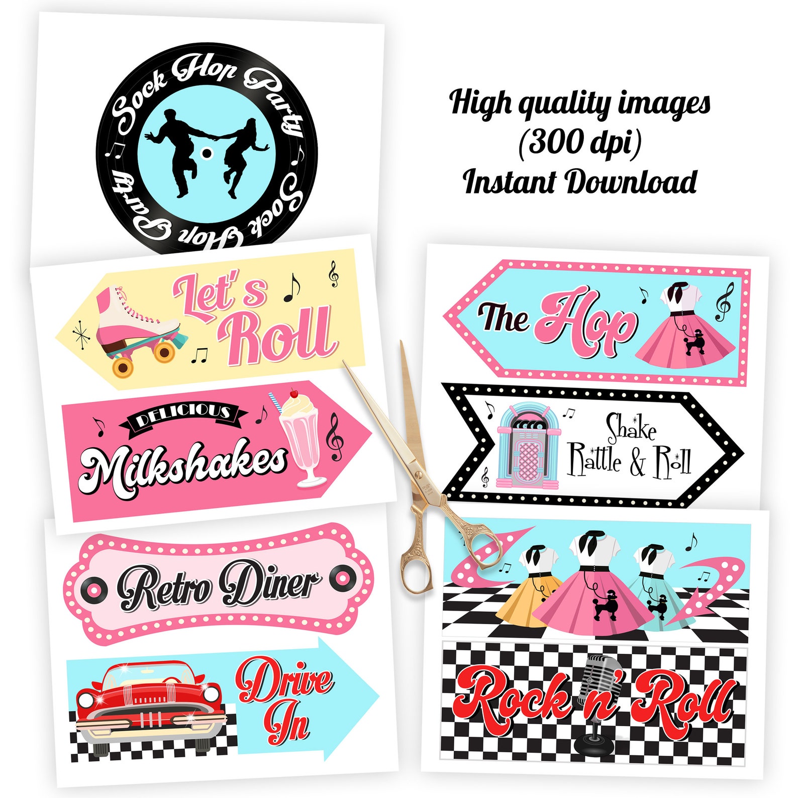 50s Sock Hop Party Signs, Instant Download, Colorful Retro 50s Room ...