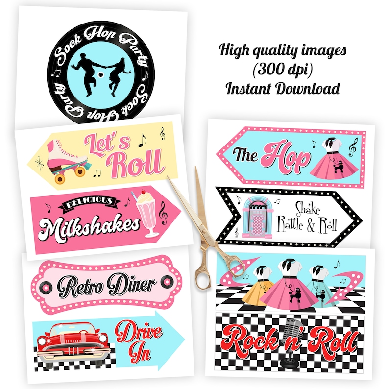 50s Sock Hop Party Signs Instant Download Colorful Retro 50s - Etsy