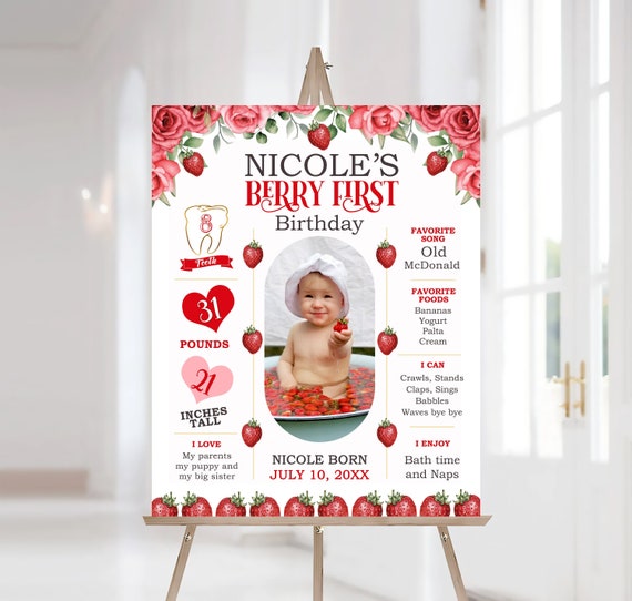 Berry First Birthday Milestone Poster, Digital File, Strawberry First ...
