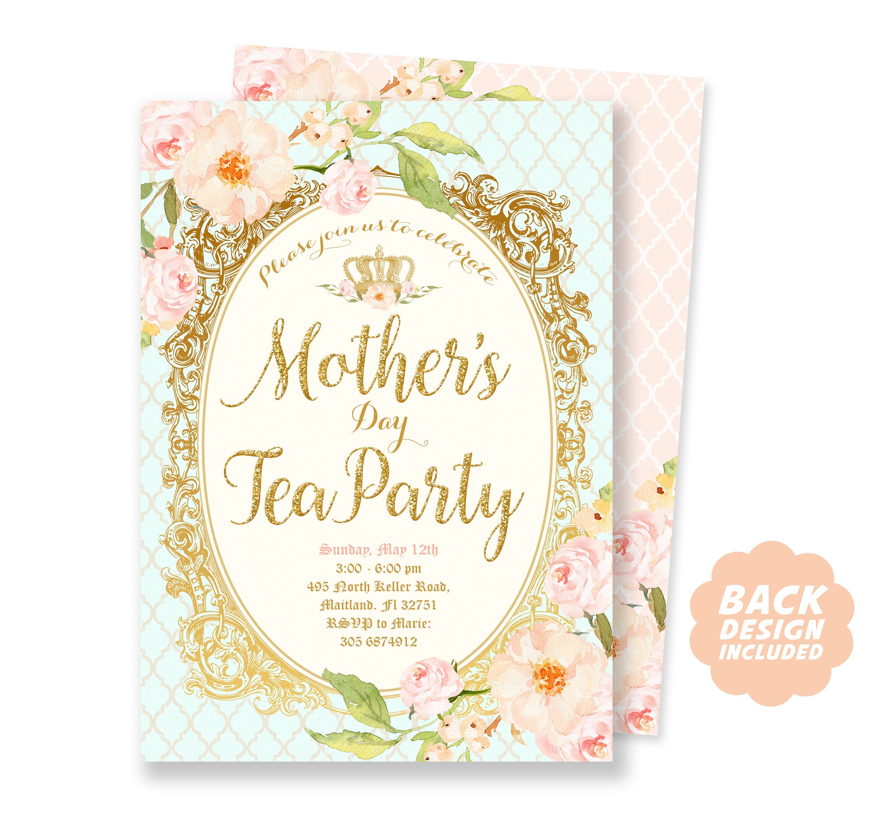Mothers Day Tea Party Invitation Digital File Back Design - Etsy España