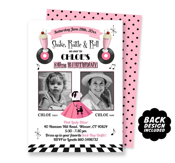 50's Sock Hop Invitation, Digital Then and Now Birthday Invitation ...