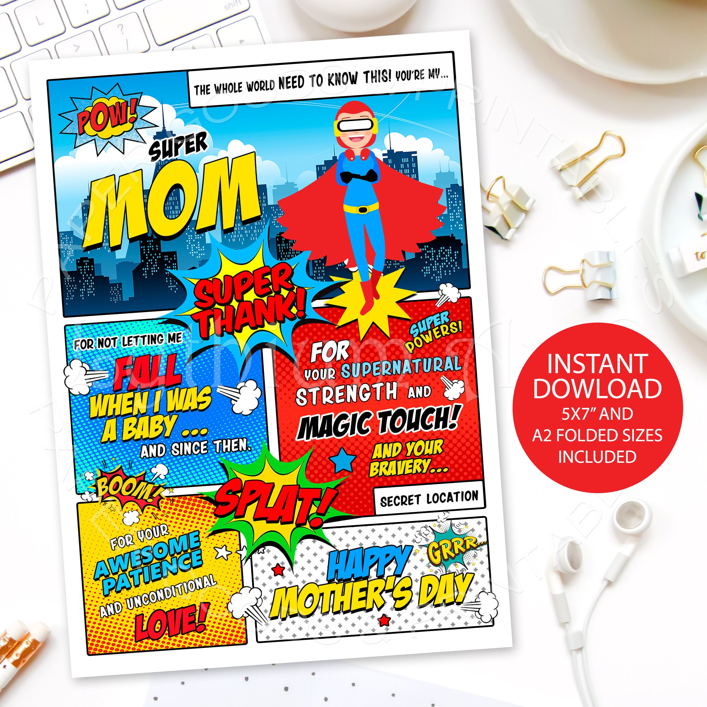 Super Mom Mother's Day Card Instant Download Funny | Etsy