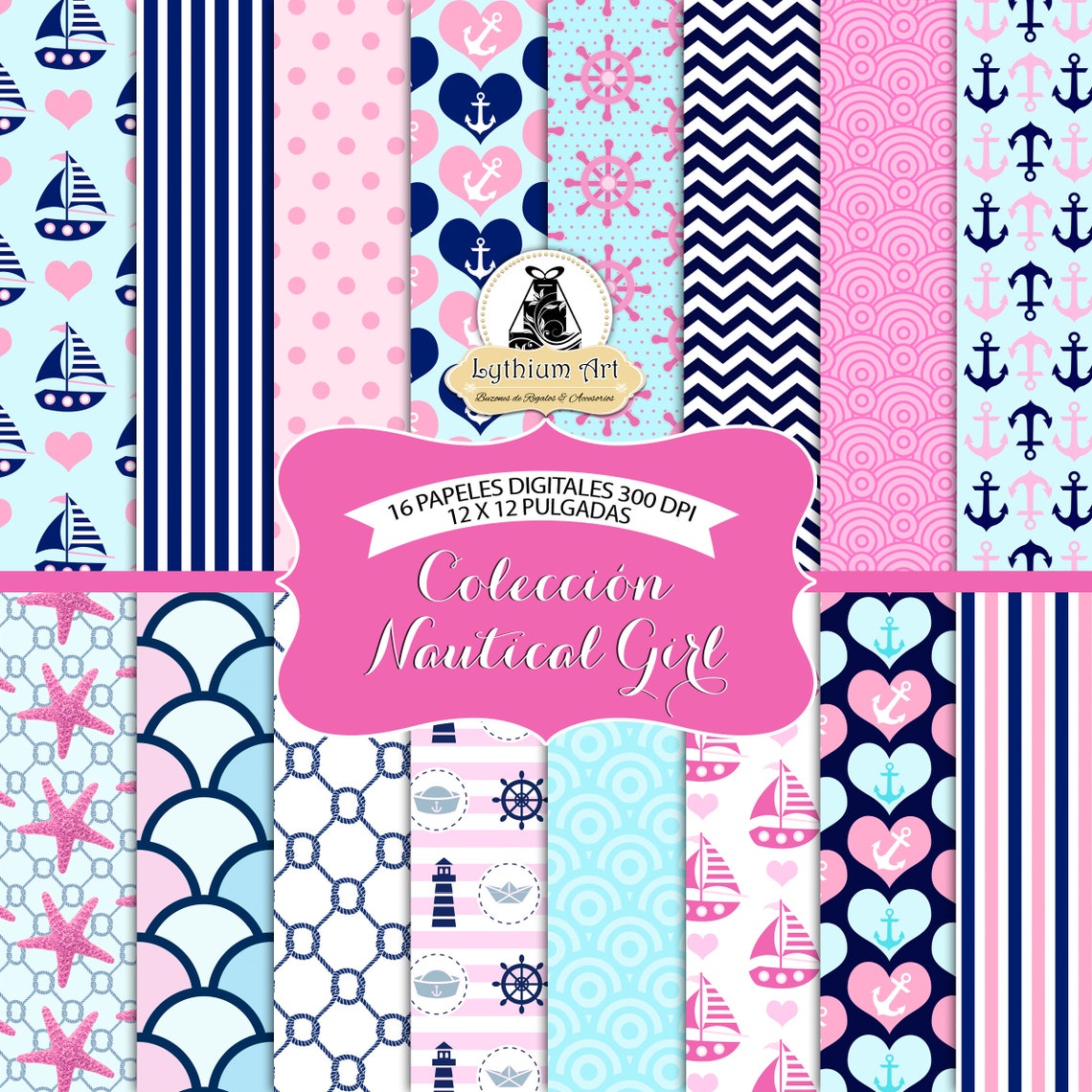 Nautical Digital Paper Pink Nautical Paper Nautical | Etsy