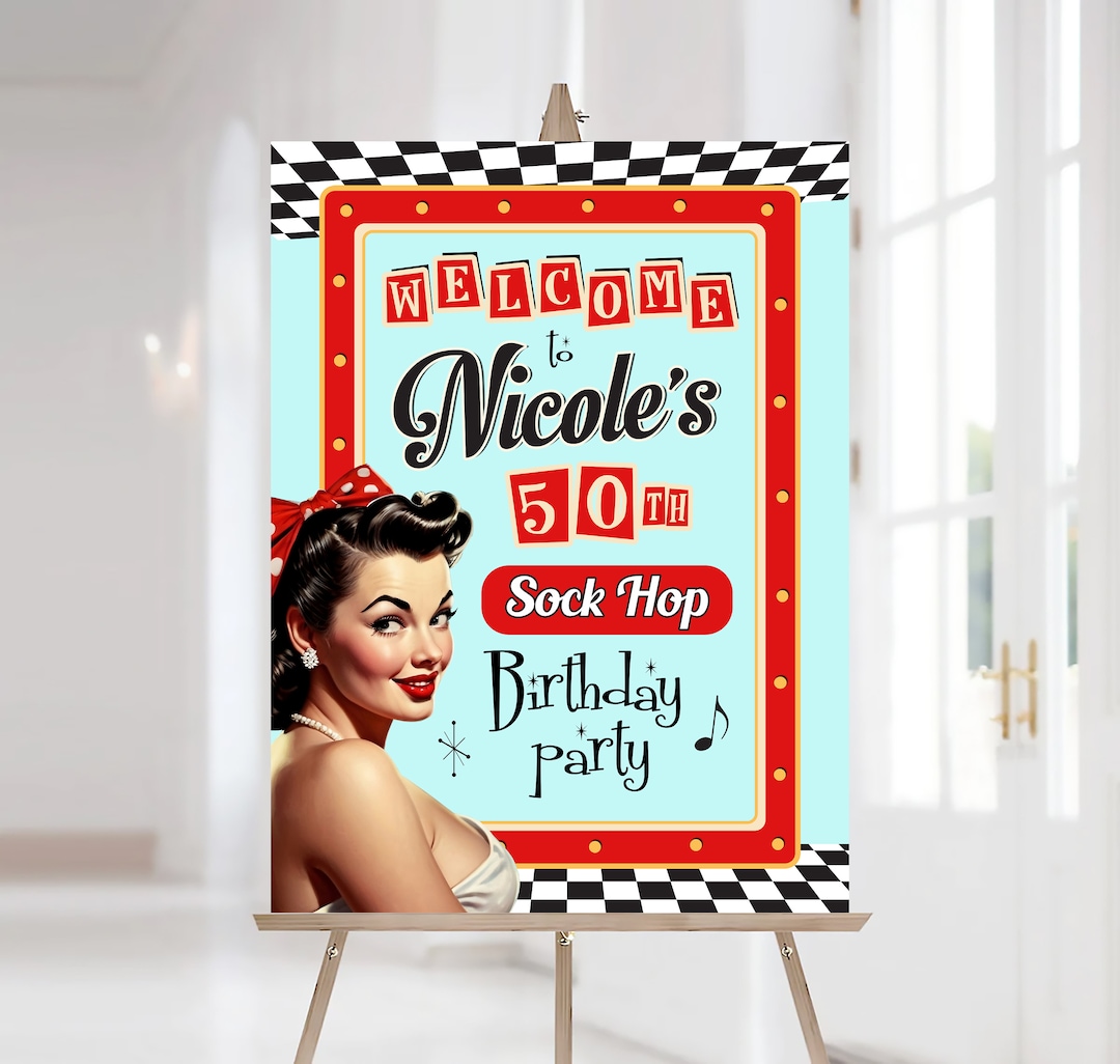 50s Sock Hop Party Welcome Sign, Pin up Diner Retro Style Personalized ...