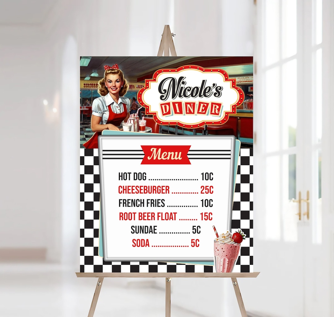 50s Retro Diner Menu, Personalized 50s Sock Hop Party Sign, 1950s Party ...