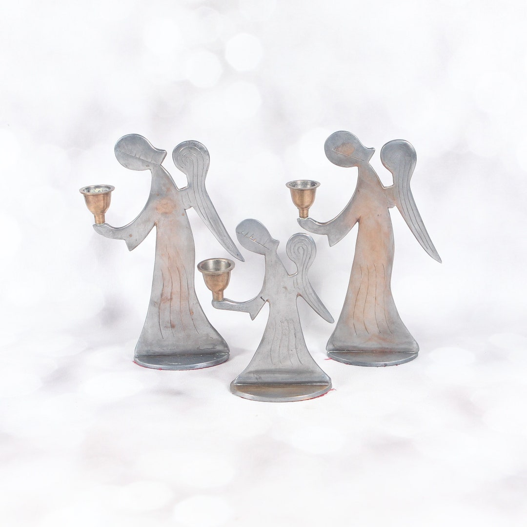 Vintage Pewter Angel Candle Holders | Handmade Forged Metal Angels ...