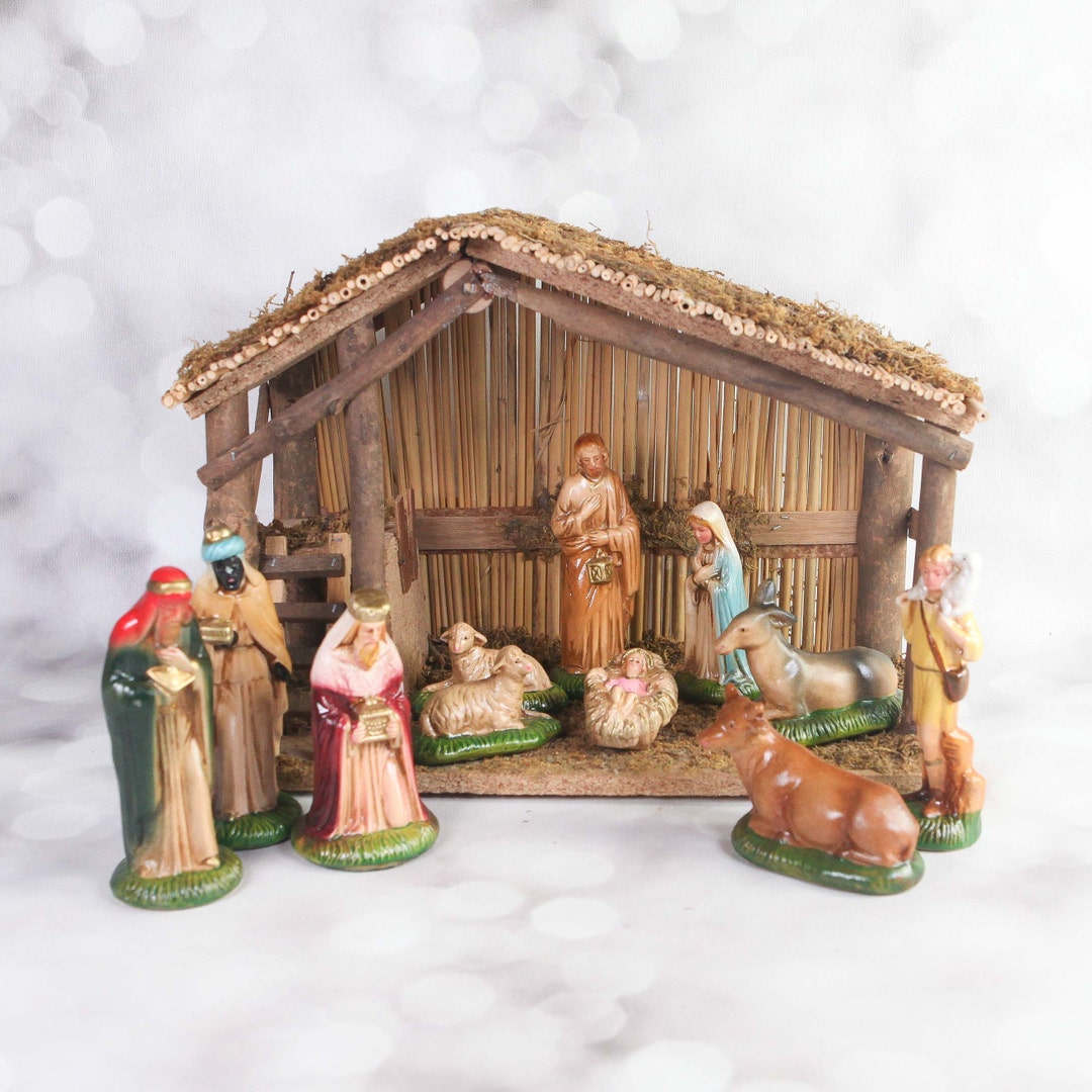 Vintage Nativity Set | Ceramic Creche Statutes | Rustic Wood Stable ...