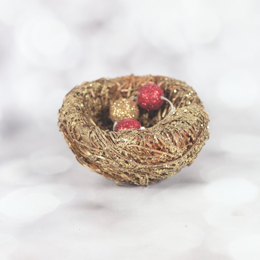 Vintage Gold Glitter Bird Nest | Christmas Ornament | Paper Mache Nest ...