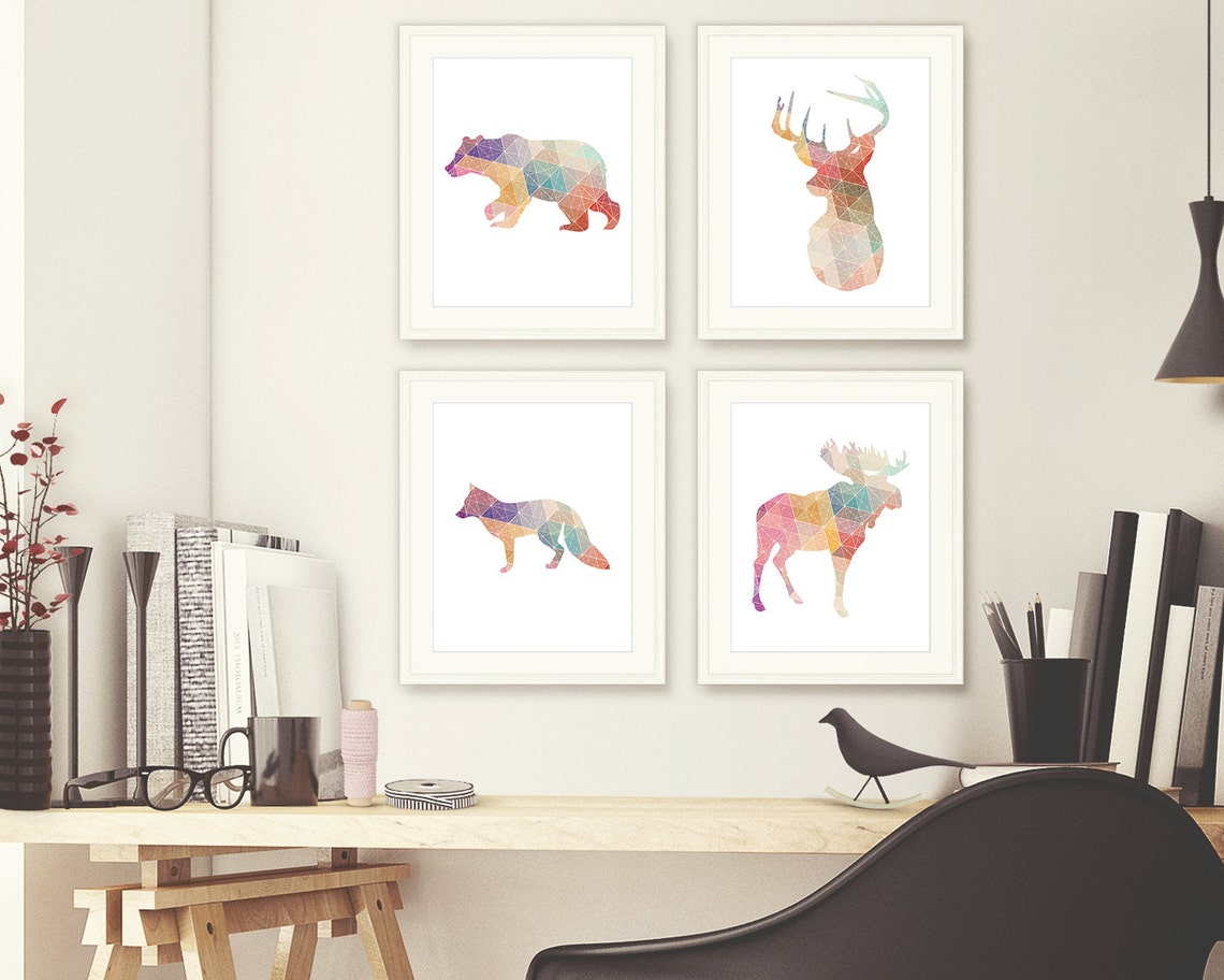 Set of 4 Wild Forest Animals Print Geo Animal Print Fox - Etsy