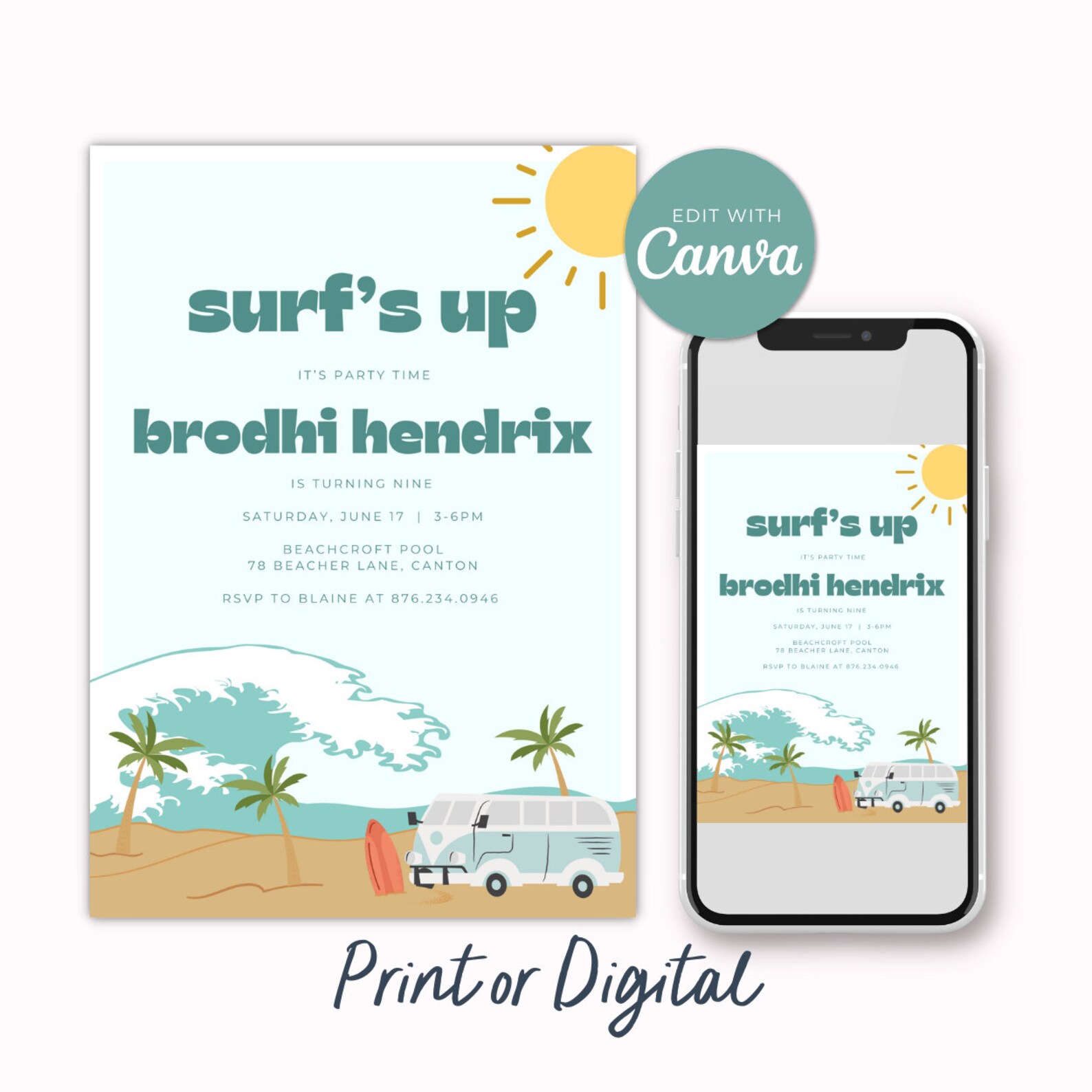 EDITABLE Surfing Invitation | Surf Invitation | Big One Invitation ...