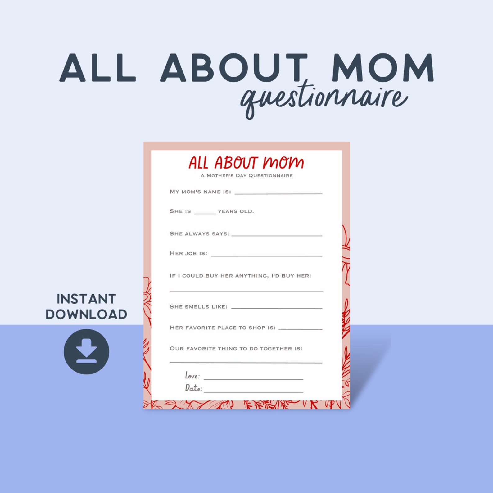 PRINTABLE All About Mom Questionnaire | Mom Questionnaire | Mother's ...