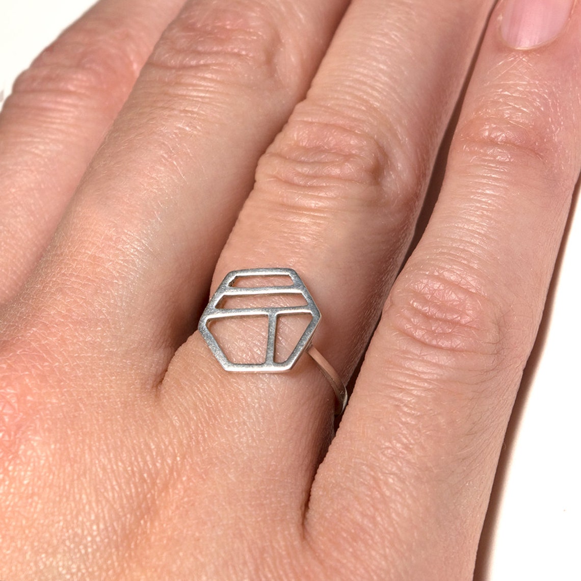 Sterling Silver Linear Hexagonal Ring Modern Minimal Geometric Design Hex Shape With Stripes ...