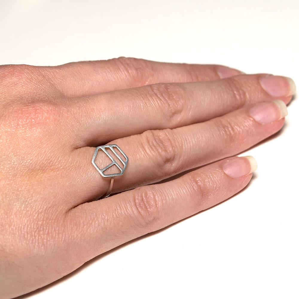 Sterling Silver Linear Hexagonal Ring Modern Minimal Geometric Design ...