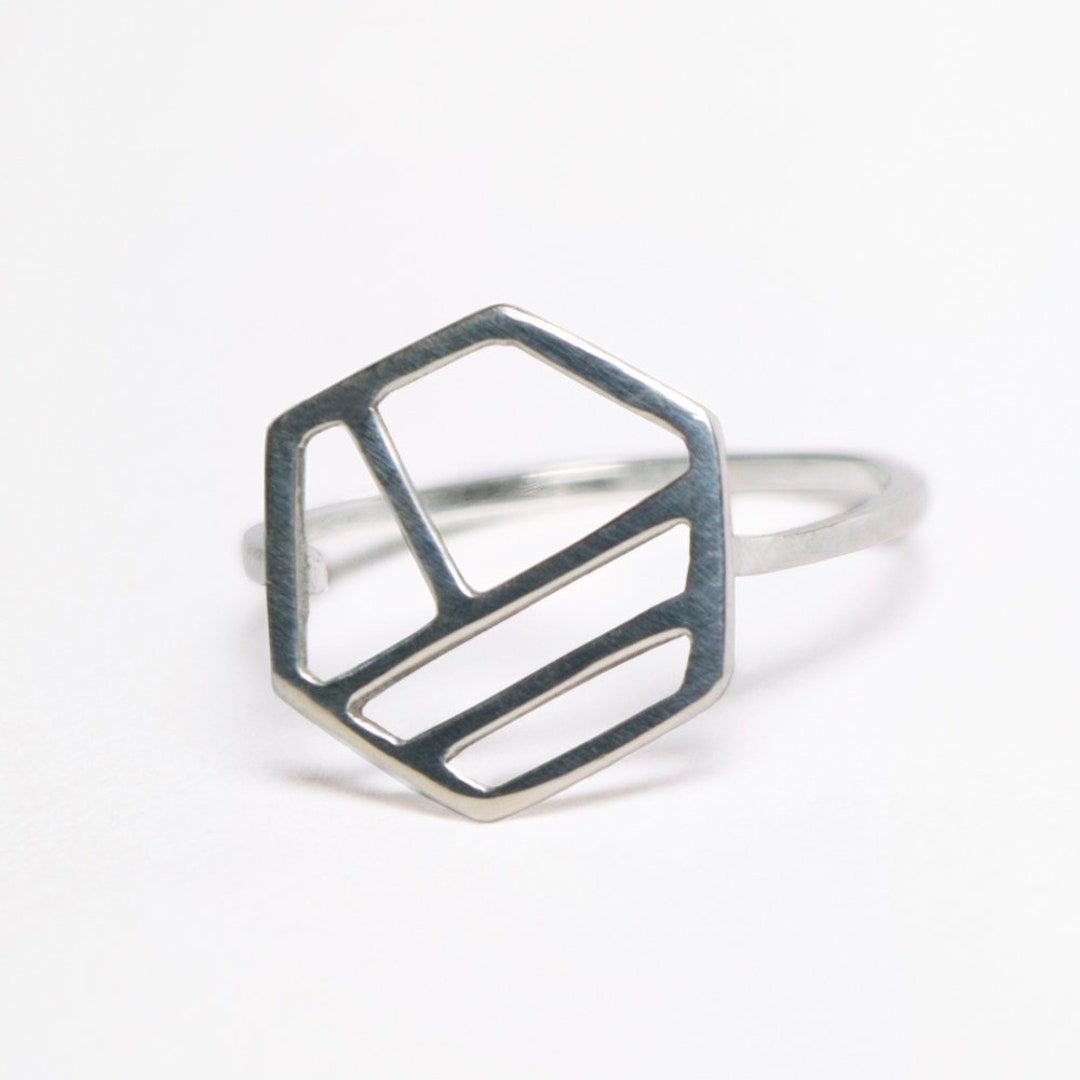 Sterling Silver Linear Hexagonal Ring Modern Minimal Geometric Design ...
