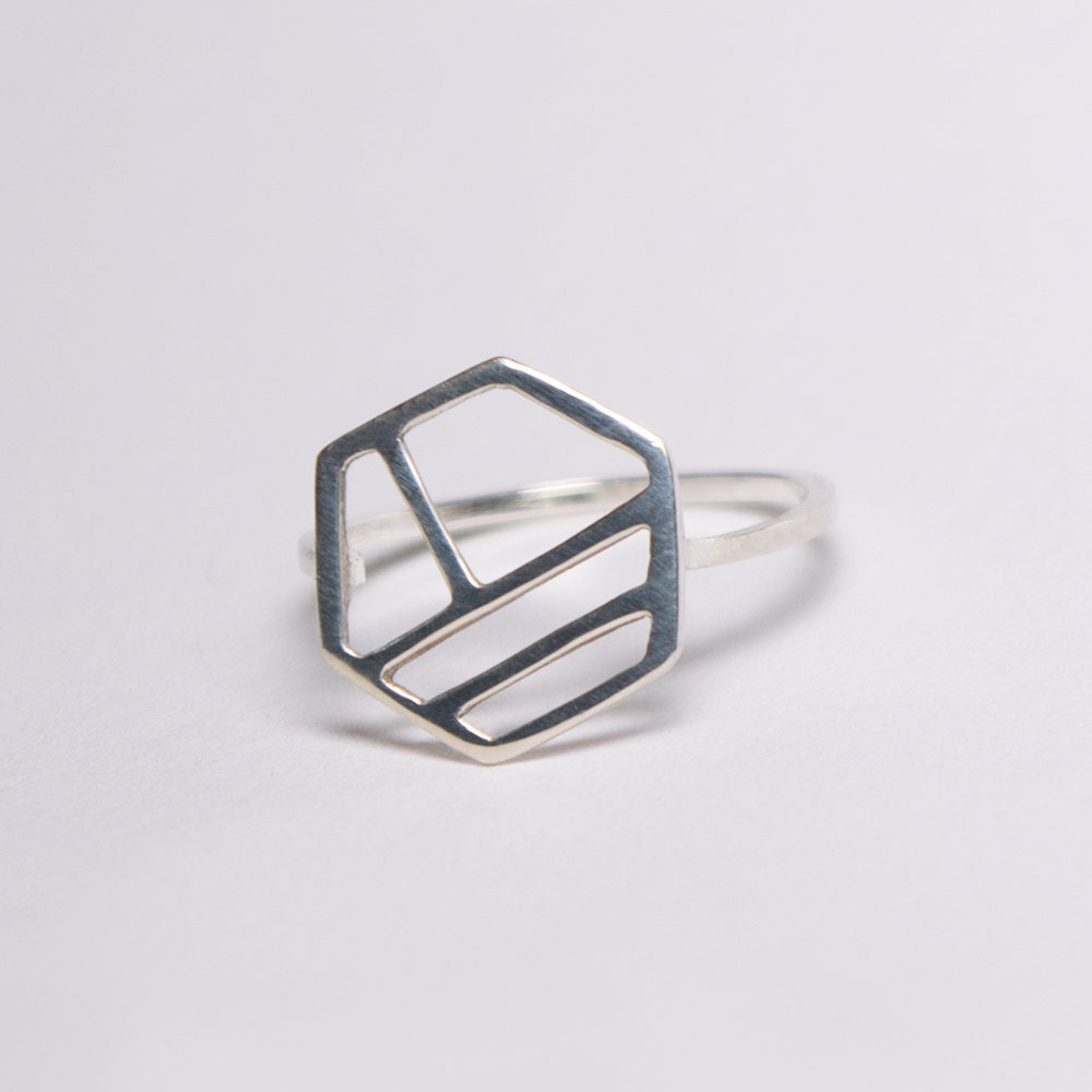 Sterling Silver Linear Hexagonal Ring Modern Minimal | Etsy