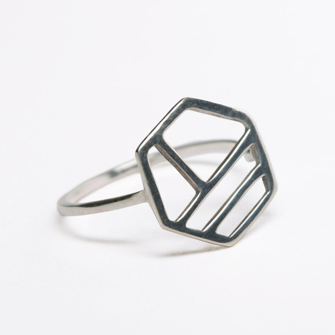 Sterling Silver Linear Hexagonal Ring Modern Minimal Geometric Design Hex Shape With Stripes ...