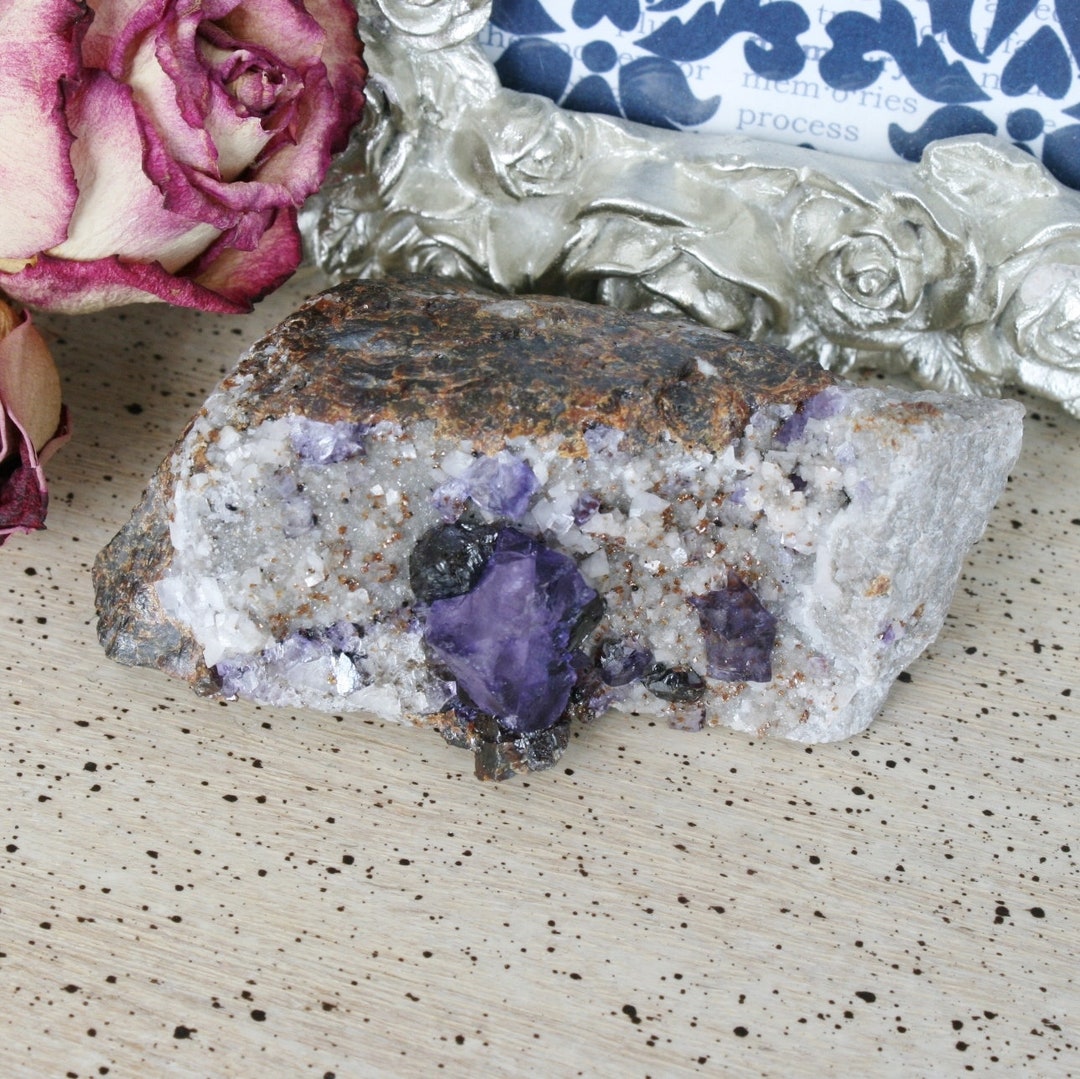 Purple Fluorite Cube Crystal With Dolomite & Sphalerite on Limonite ...