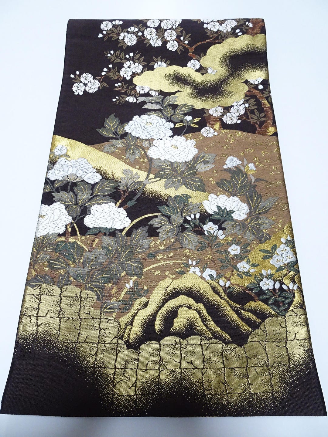 Japanese Kimono Silk Fukuro Obi Kara Ori Pattern Cherry Blossoms and ...