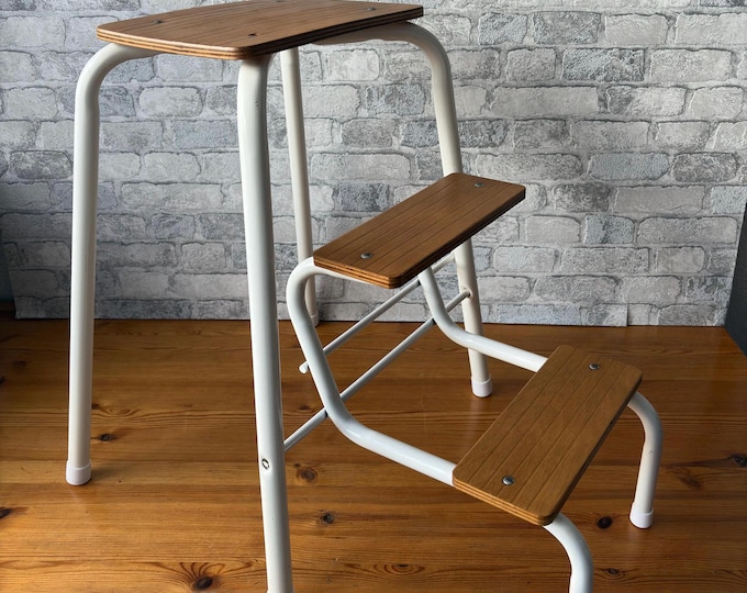 Tiny Vintage Stool Stepladder White Metal Wood 70s Flower Bench Kitchen ...