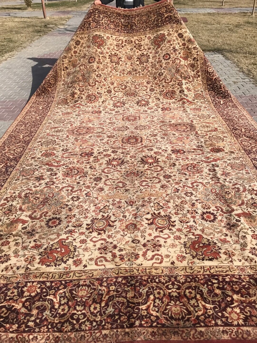 Large Palatial Size Wool Pile Muted Dyes Hunting Ottoman Hereke Rug ...