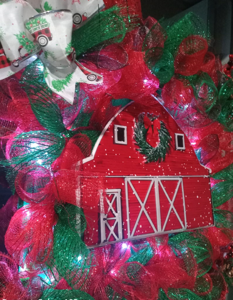 Christmas Barn Wreath Lighted. Winter Barn Door Hanger Christmas Red Barn Wreath Christmas Decor ...