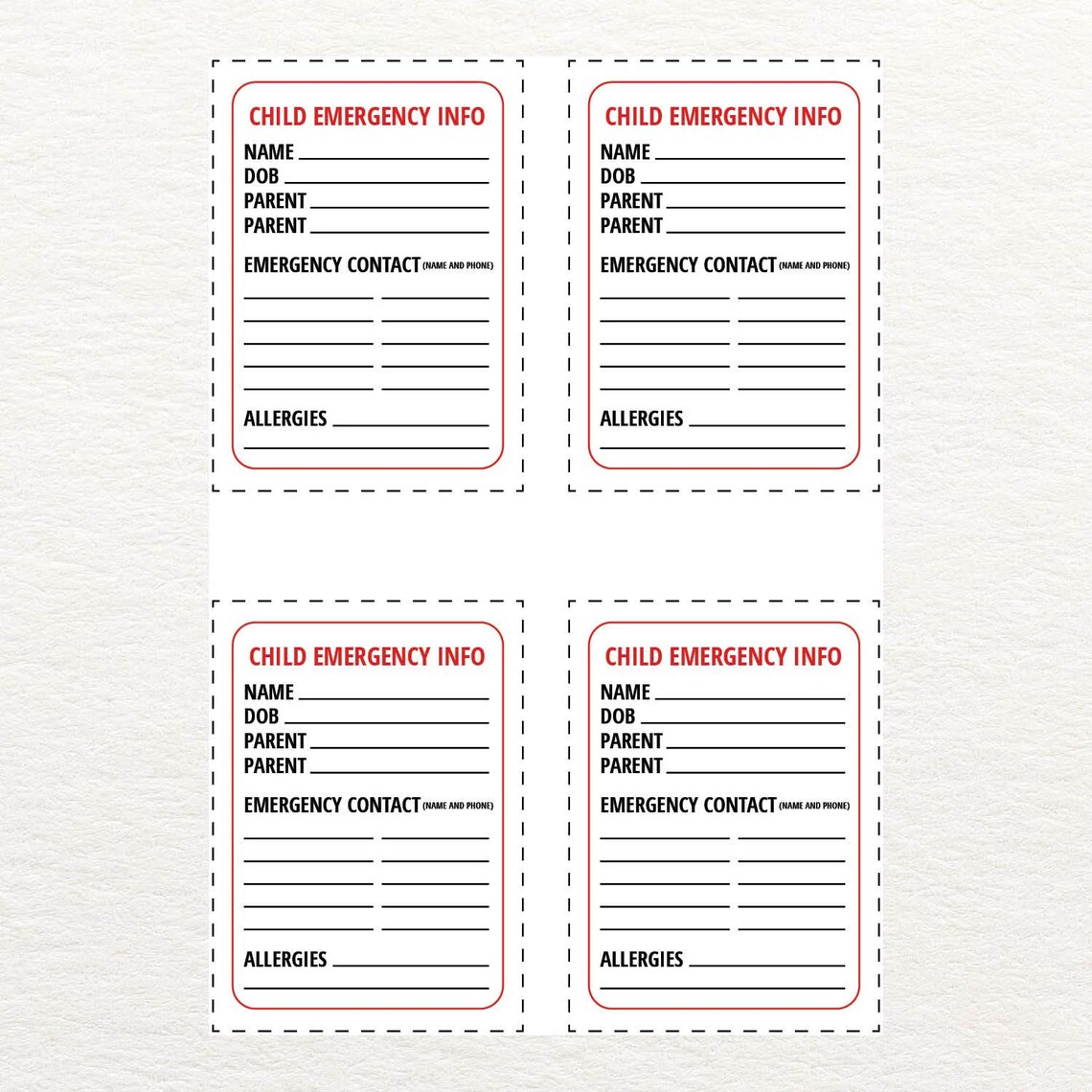 Child Car Seat Emergency Tags, Child ID Labels, Car Seat Tags, Child ...