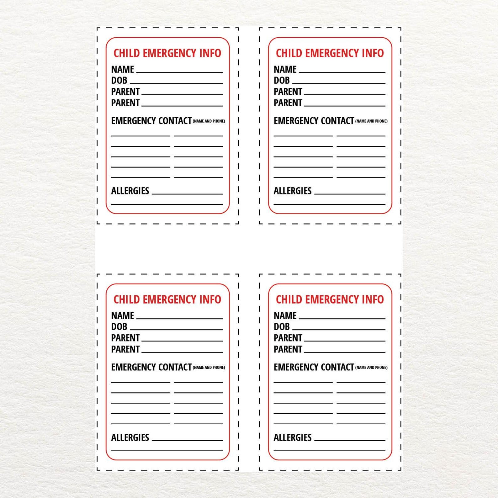 Child Car Seat Emergency Tags, Child ID Labels, Car Seat Tags, Child ...