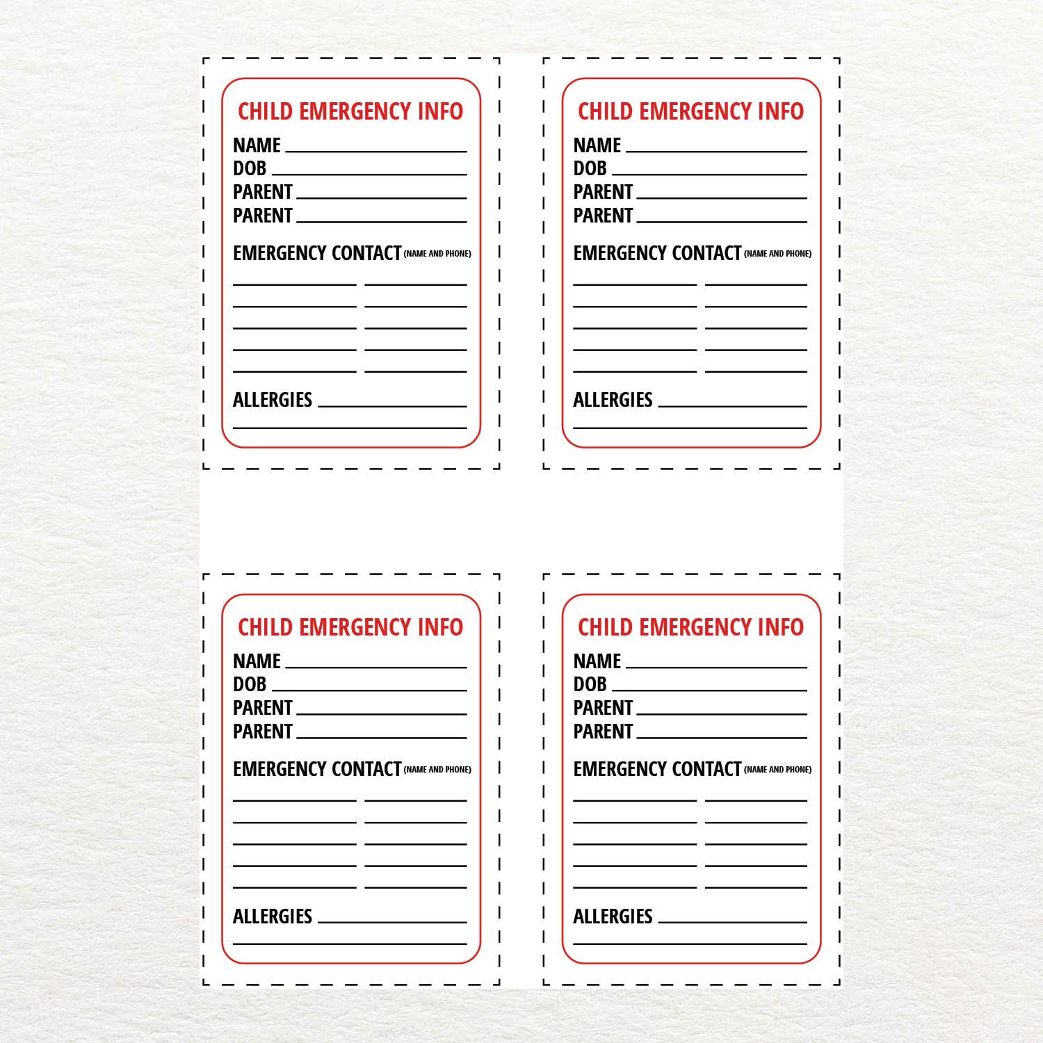 Child Car Seat Emergency Tags, Child ID Labels, Car Seat Tags, Child ...