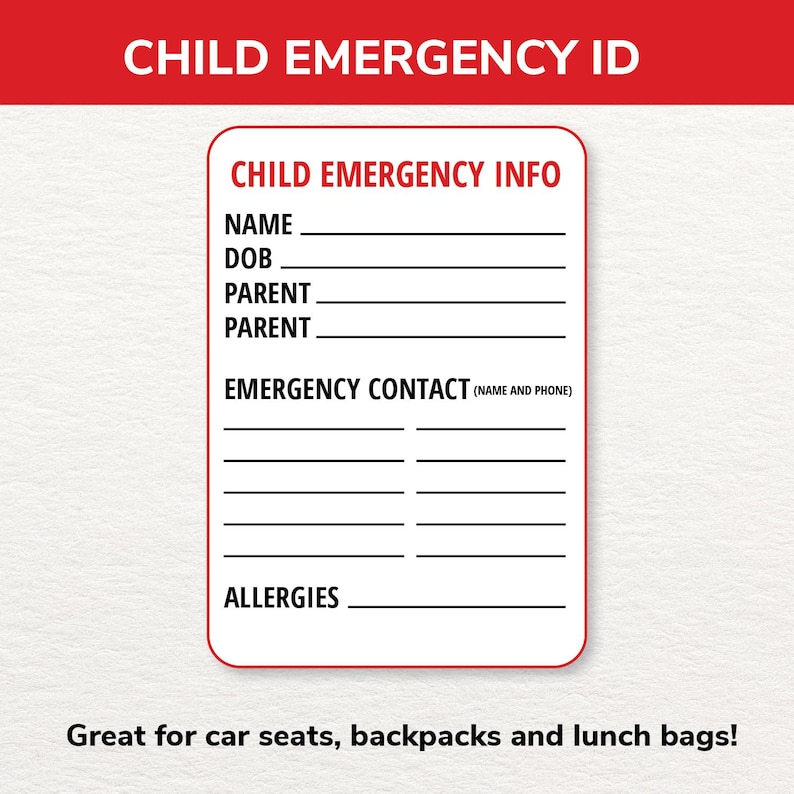 Child Car Seat Emergency Tags, Child ID Labels, Car Seat Tags, Child ...