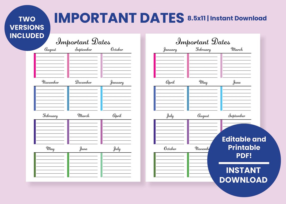 Important Dates, Editable Calendar, School Calendar, Printable Calendar ...