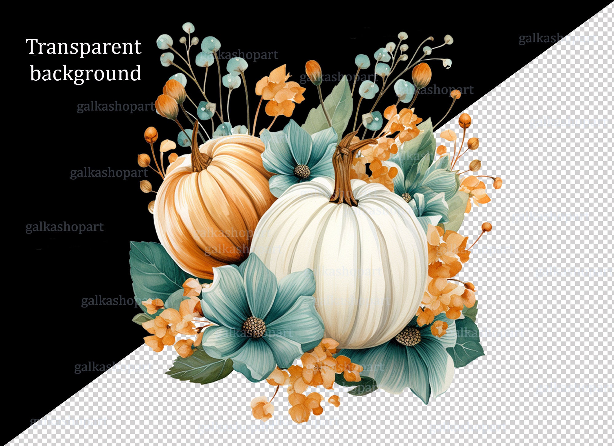 Blue Pumpkin Fall Clipart Set of 12 PNG: Teal and Orange Watercolor ...