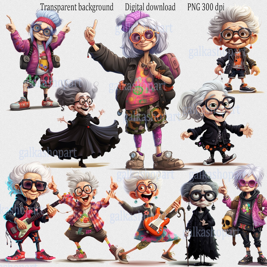 Set of 10 Crazy Old Granny Clipart PNG: Whimsical Elderly Characters in ...