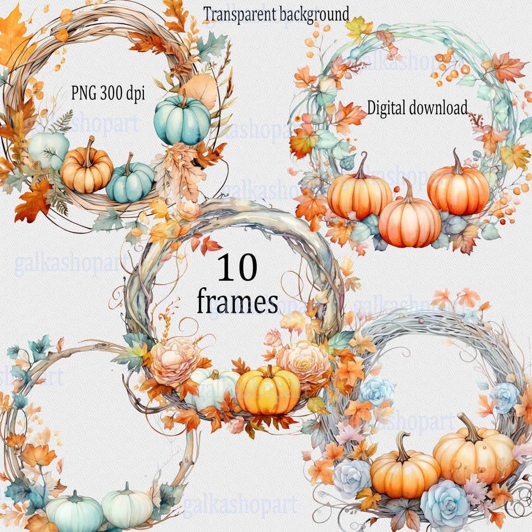 Set of 10 Teal Watercolor Pumpkins Frames Clipart PNG: Fall Bouquets ...