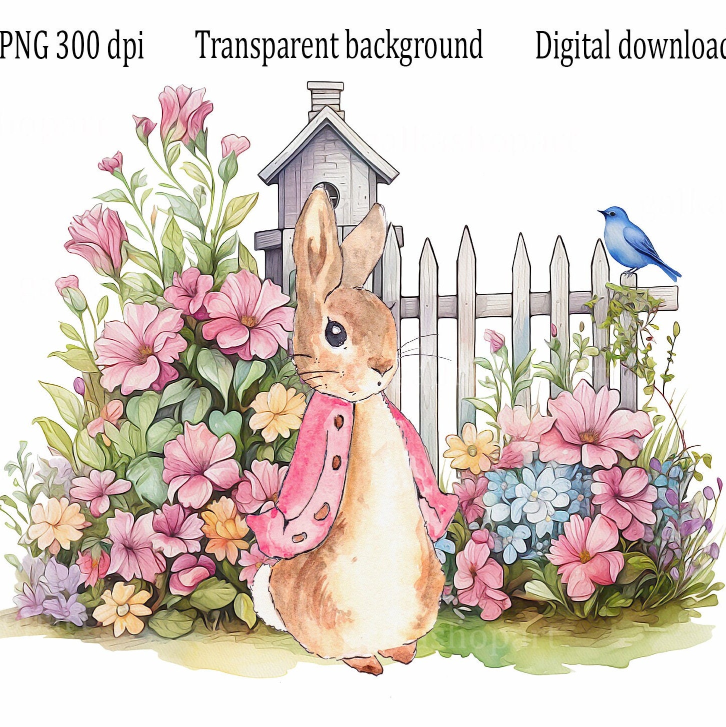 Flopsy Bunny Clipart, Peter Rabbit in Garden With Flowers, Watercolor ...