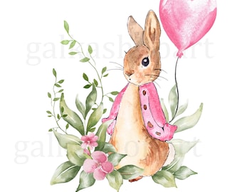 Peter Rabbit in Garden With Blue Flowers Clipart, Watercolor Birdhouse ...