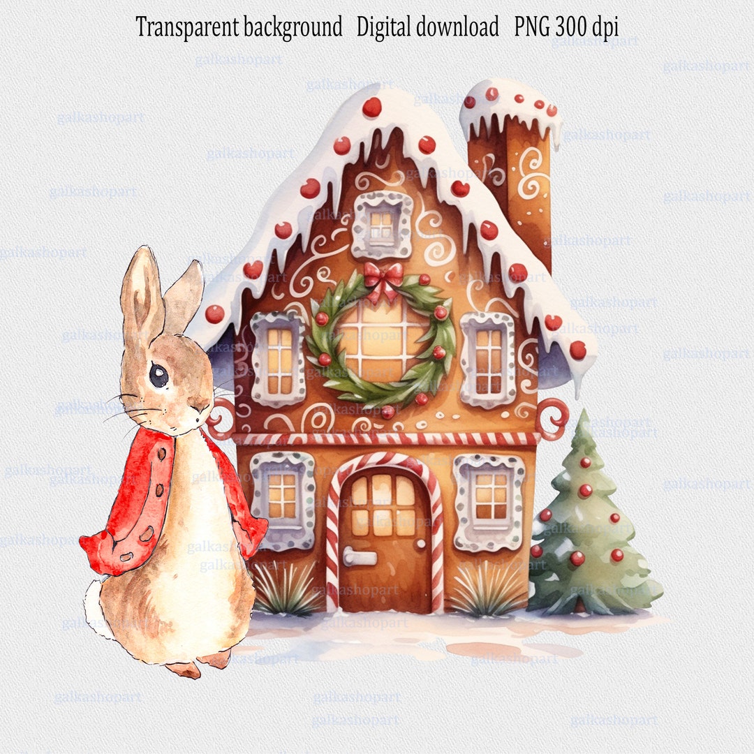 Peter Rabbit Next to the Gingerbread House Sublimation Design Png ...