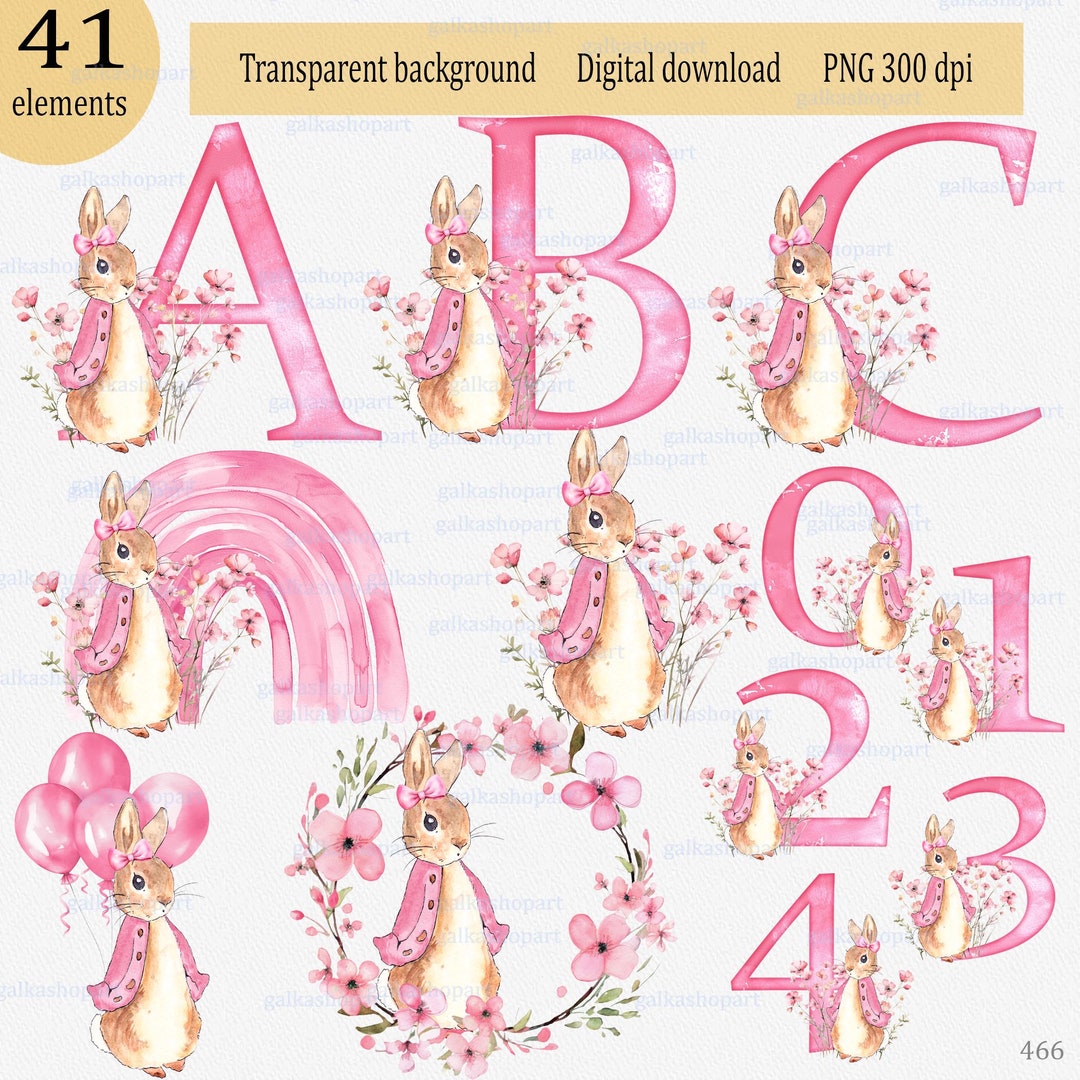 Peter Rabbit Pink Alphabet & Numeral Clipart PNG: 26 Watercolor ...
