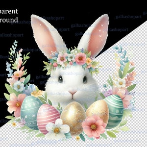 Happy Easter Floral Bunny Wreaths & Borders PNG Clipart: Rabbit Ears ...
