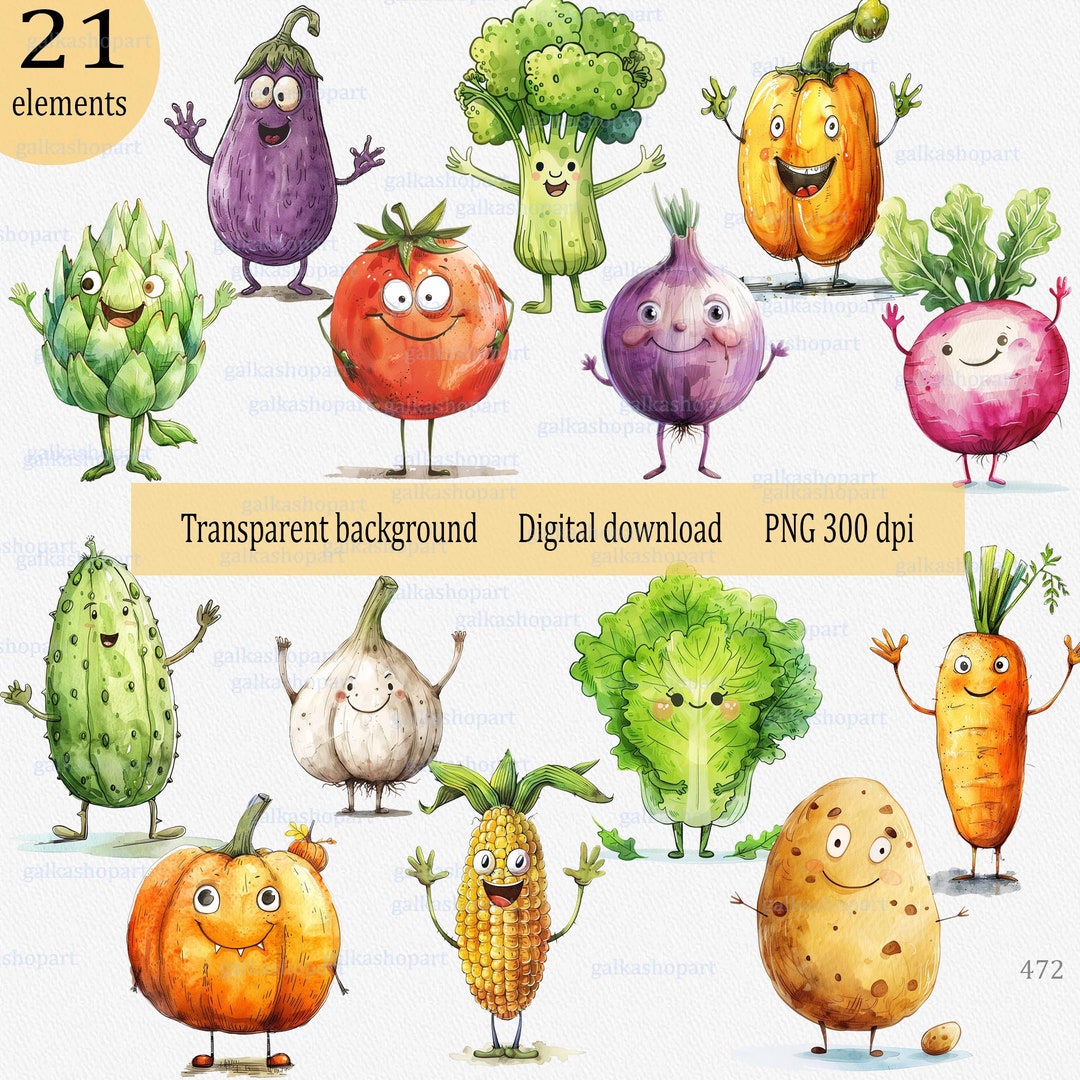 Funny Food Characters, Watercolor Kawaii Vegetables Clipart Set: Garden ...