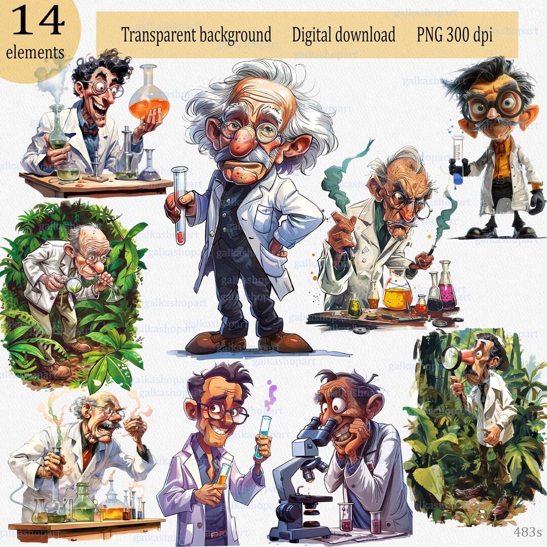 Funny Scientist Clipart Set – 14 Crazy Chemist & Biologist Pngs ...