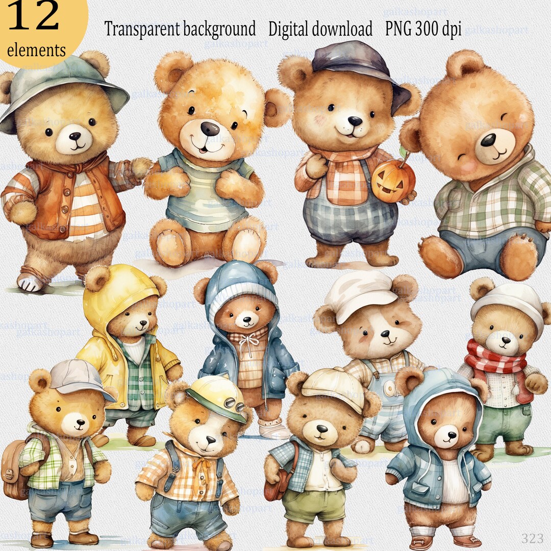 Set of 12 Watercolor Adorable Teddy Bears Clipart: PNG Sublimation ...