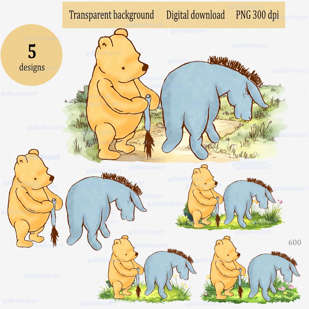 Classic Winnie the Pooh and Eeyore Clipart PNG: Watercolor Design for ...