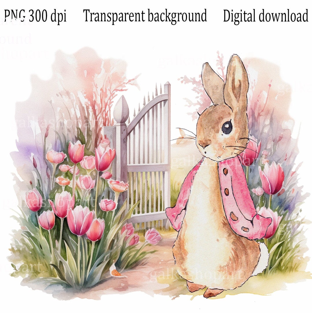 Flopsy Bunny Clipart, Peter Rabbit in Garden With Tulips, Watercolor ...