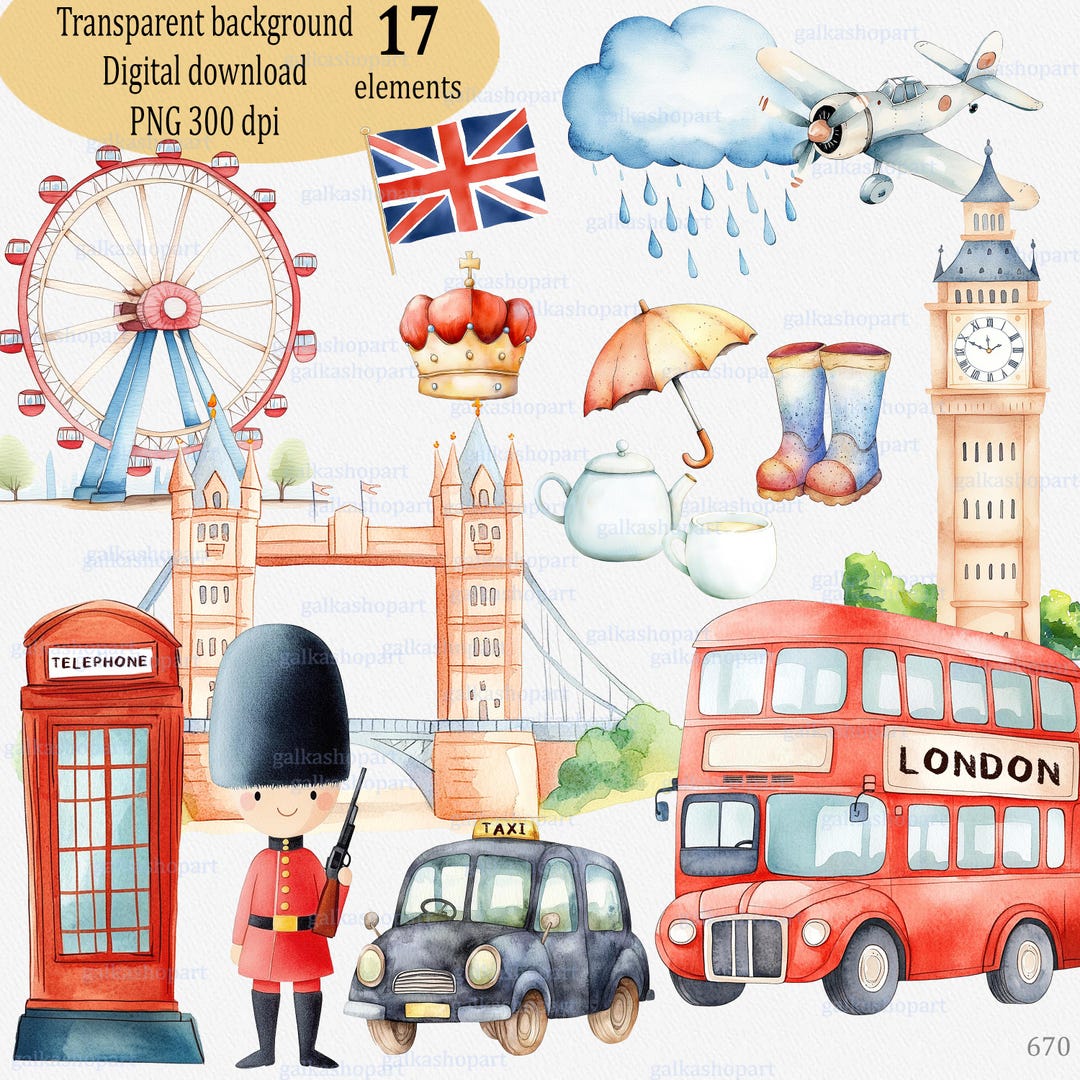 London Watercolor PNG Clipart: VE Day 80th Anniversary Art, Landmarks ...