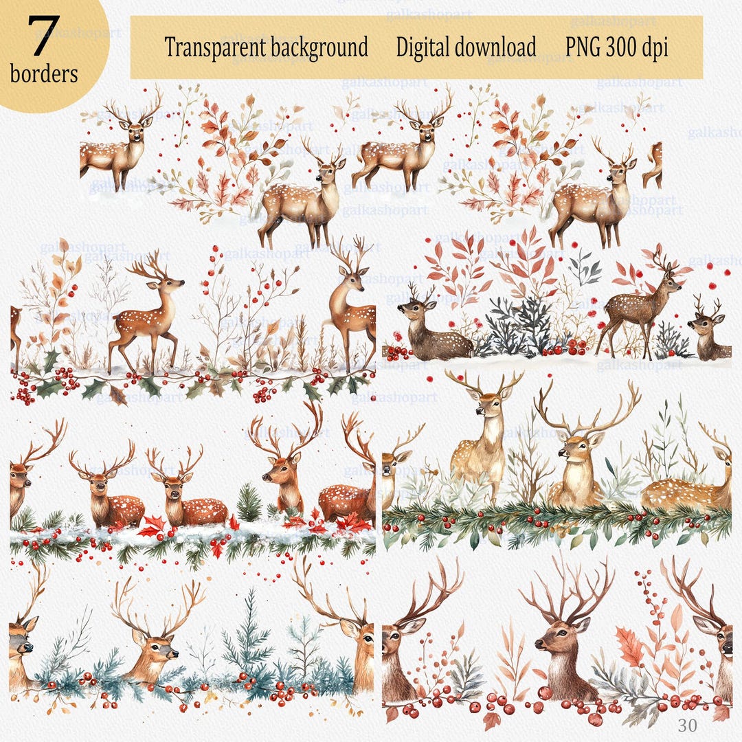 Watercolor Christmas Deer Border Clipart: Winter Frame PNG Seamless ...